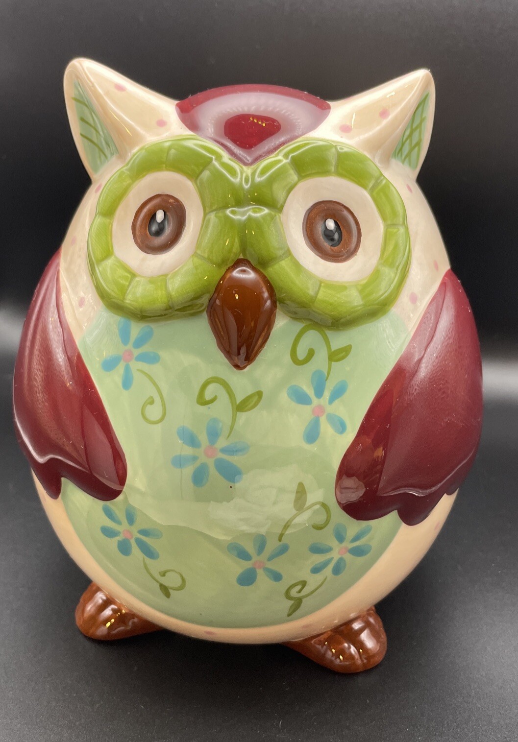 Pier 1 Ollie The Owl Bank 7in tall brown and green with a blue floral ...