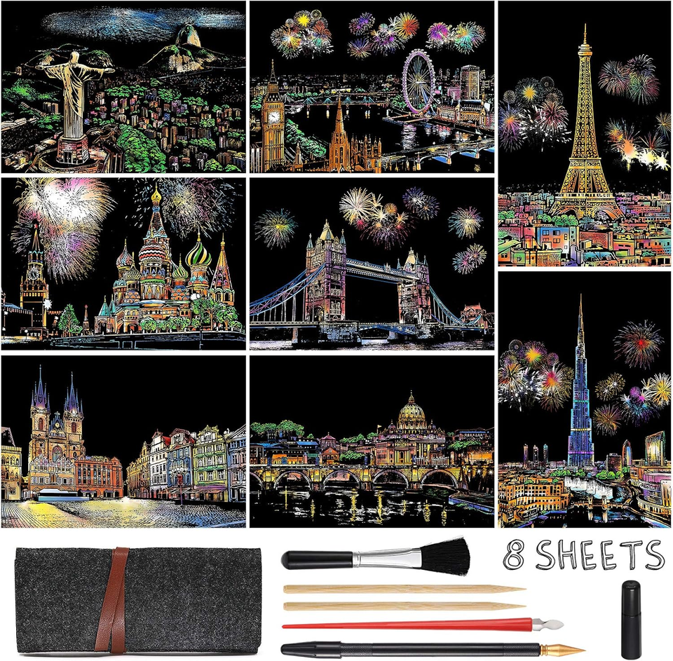 Scratch Art for Adults Kids, Rainbow Painting Night View Scratchboard ...