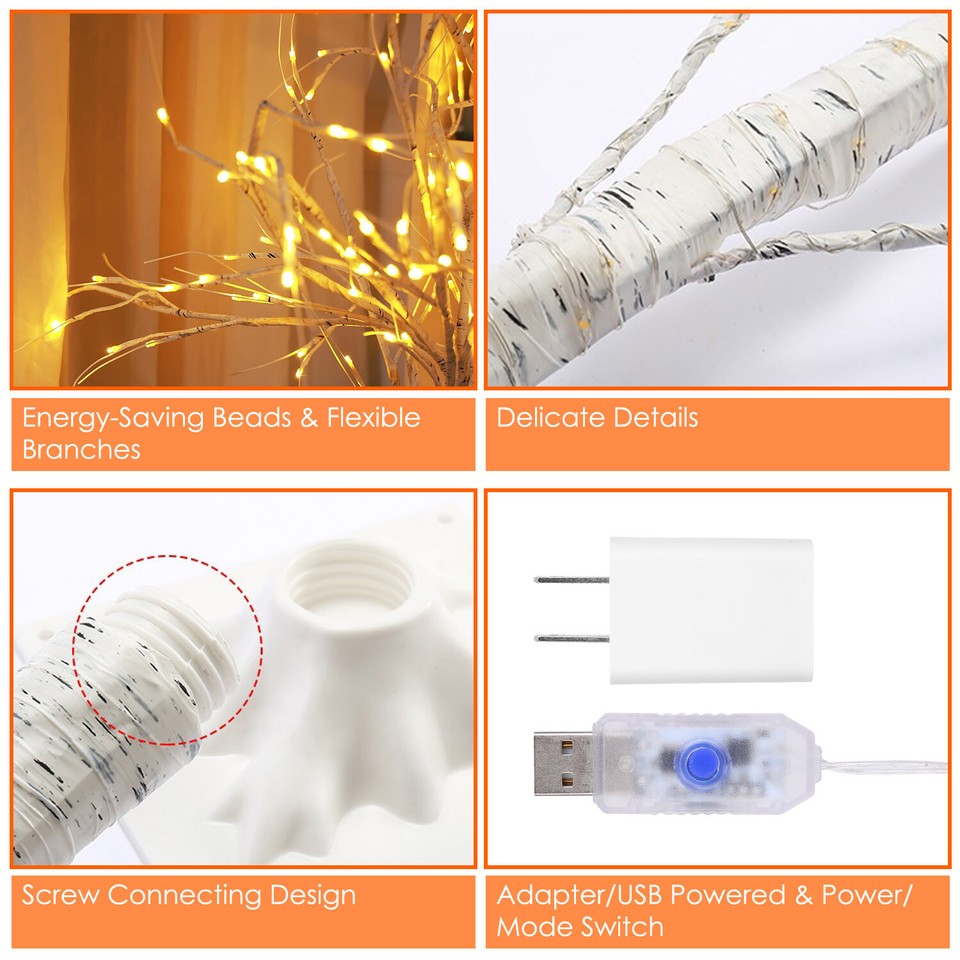 4/6Ft Lighted Birch Twig Tree 400LED Warm White Light Home Club ...