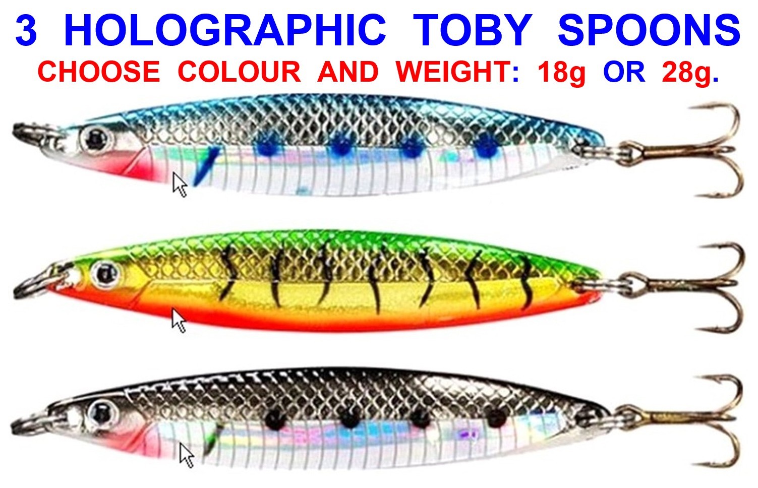 3 HOLOGRAPHIC TOBY SPOONS SEA COARSE FISHING SPINNING ROD LURE PIKE ...
