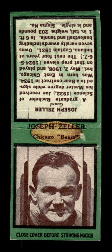 JOSEPH ZELLER 1930'S DIAMOND MATCH CHICAGO BEARS GREEN MATCH BOOK ...