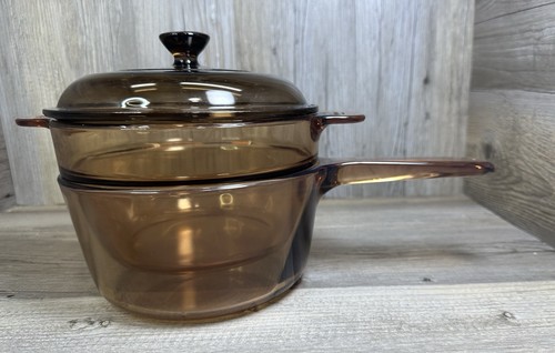 Vtg Corning Vision Ware Amber V-20-B 3 pc Double Boiler 1.5L Pot Sauce ...