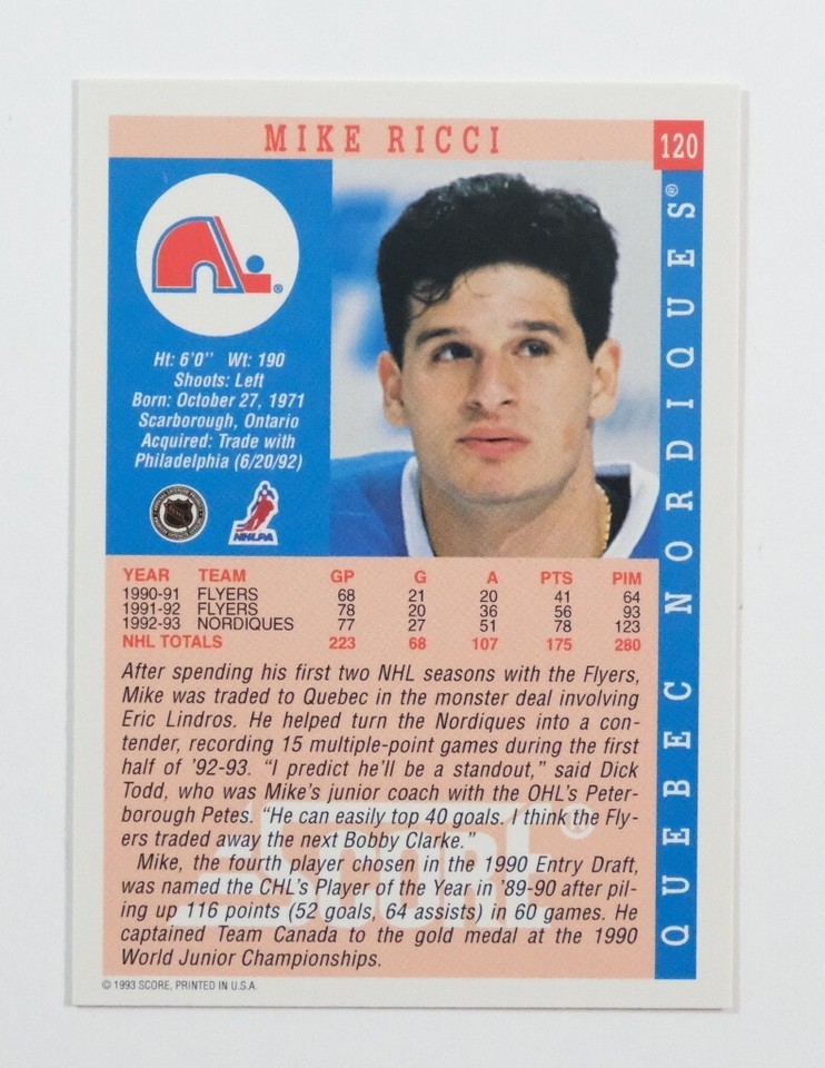 1993-94 Score Hockey Card #120 Mike Ricci | eBay