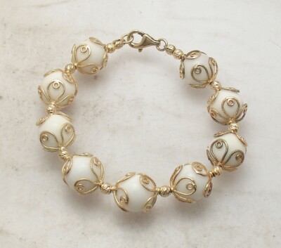 Technibond Filigree White Agate Gemstone Bracelet 14K Yellow Gold ...