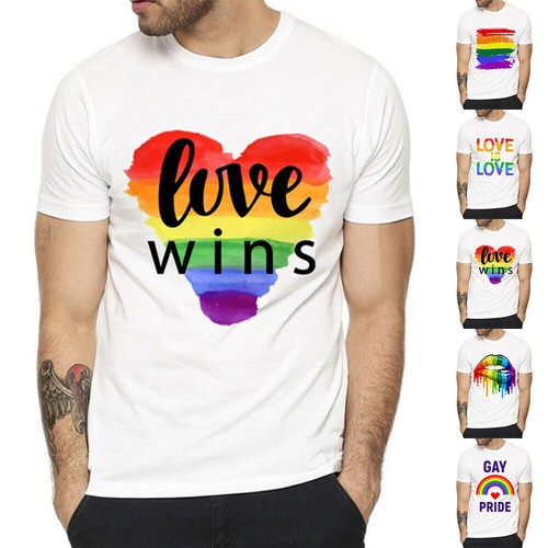 LGBT Heart Print T-Shirt Rainbow Gay Pride Men Summer Short Sleeve Tops ...