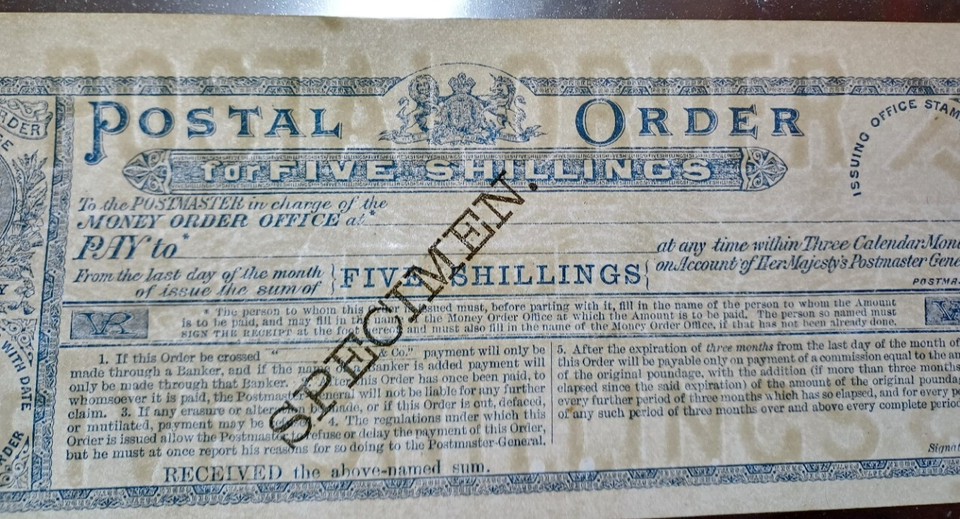 QUEEN VICTORIA 1881 TYPE 1 SPECIMEN 5 SHILLING BRITISH POSTAL ORDER ...
