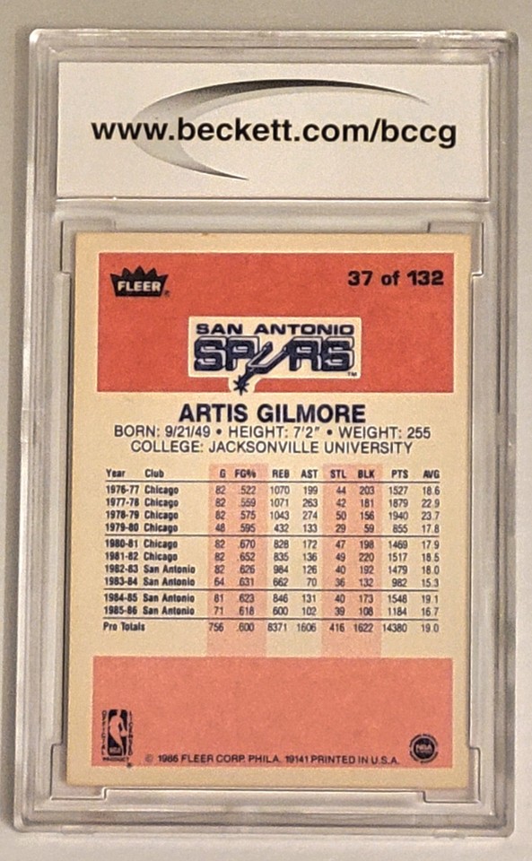 1986-87 Fleer Basketball #37 Artis Gilmore Spurs BGS/BCCG 10 Mint or ...