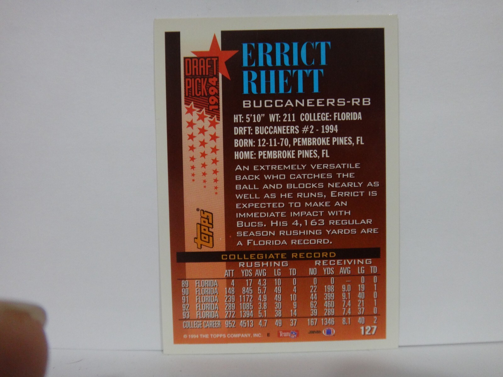 1994 Topps Football Card #127 Errict Rhett RC | eBay