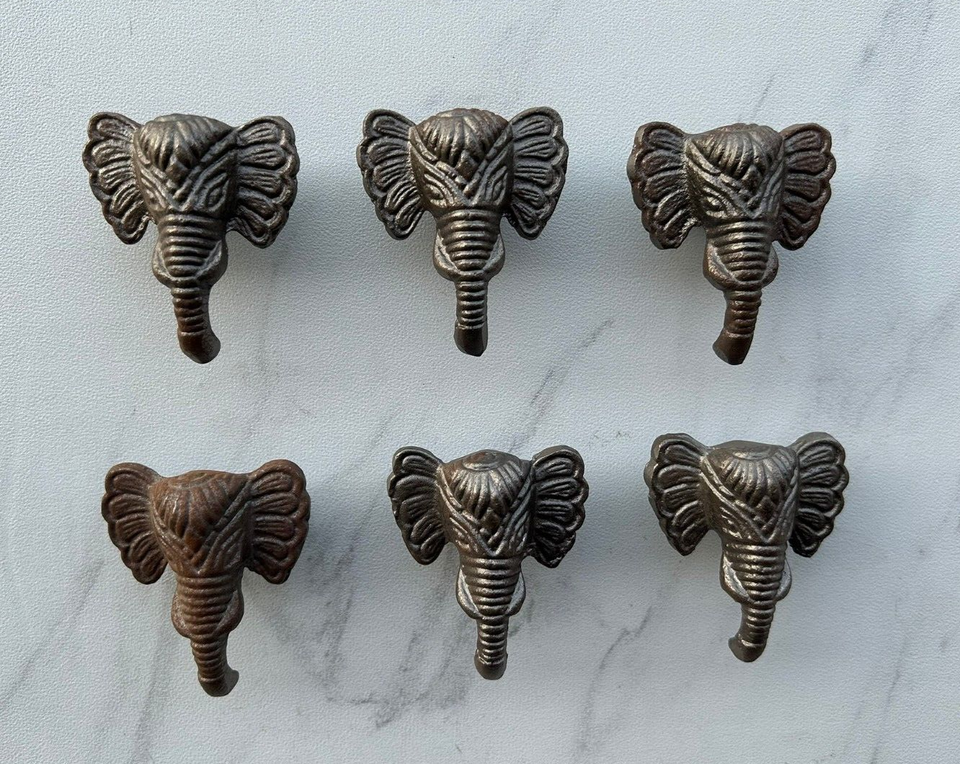 Vintage Cast Iron Elephant Head Door Drawer Cabinet Knobs Handles 6Pcs ...