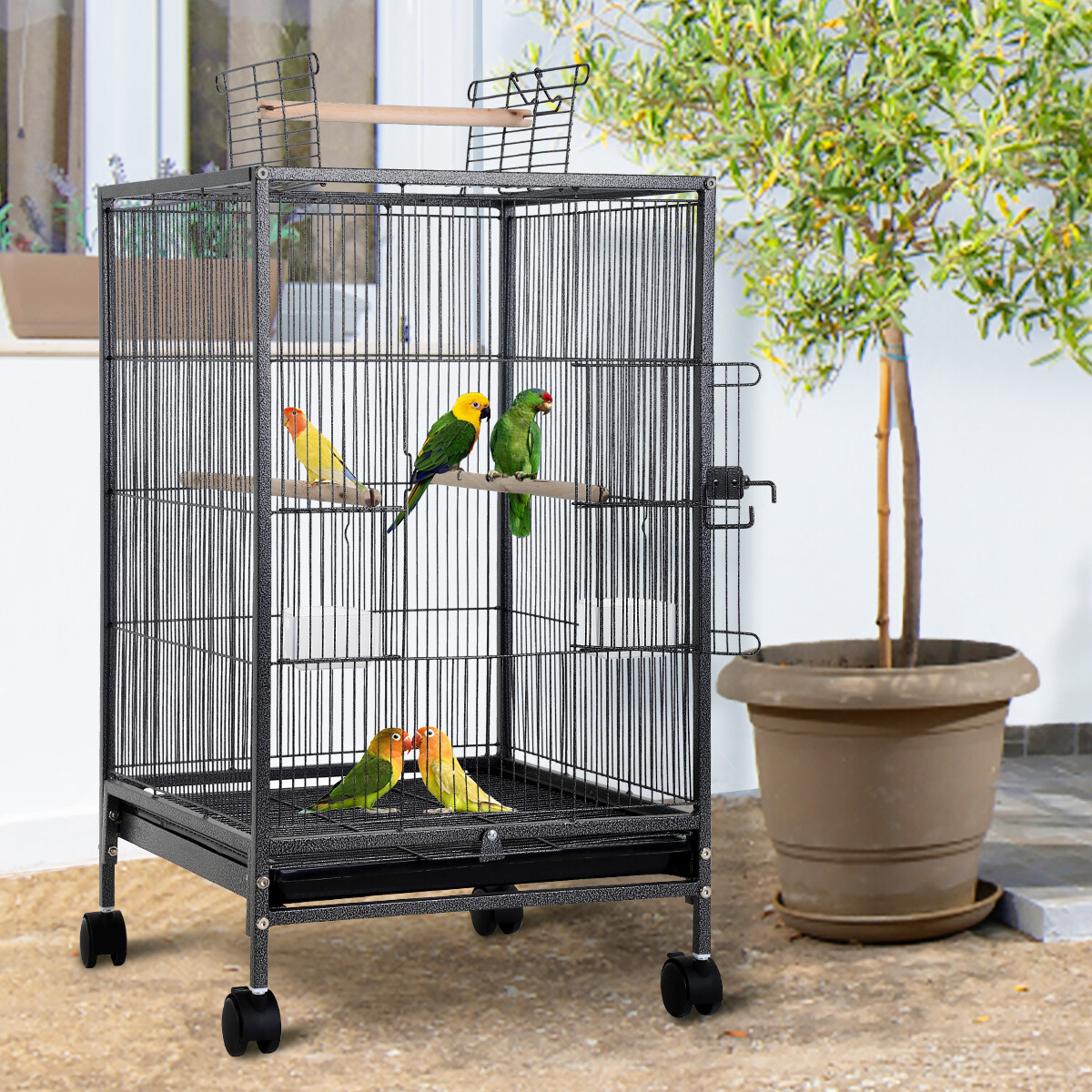 35" Bird Cage Large Wrought Iron Parrot Canary Cage With Play Open Top ...