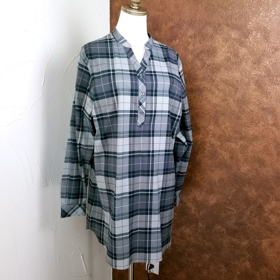 NWT Cabela's Flannel Tunic Women XL Black Plaid 1/4 Button V-Neck ...