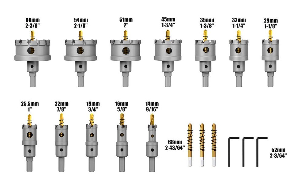 18pc TCT Hole Saw Kit 13mm-200mm Tungsten Carbide Tip Hole Cutter for ...
