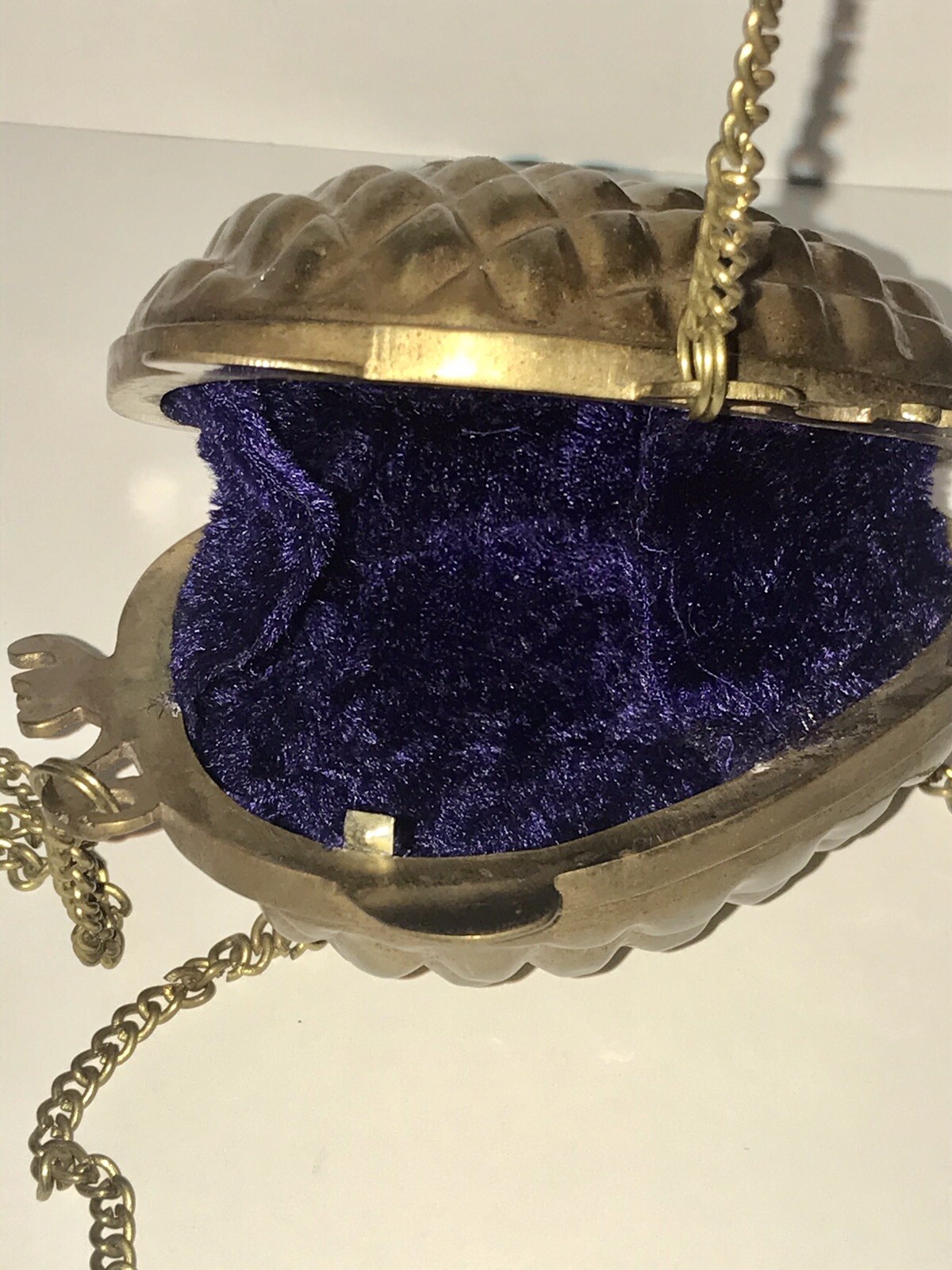 Antique Art Deco Brass Purse With Shoulder Chain Velv… - Gem