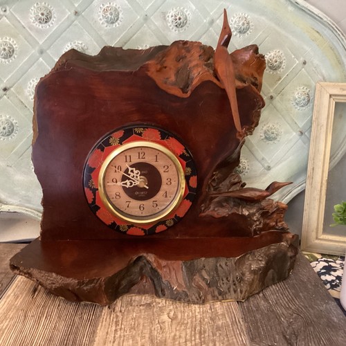 VINTAGE LIVE EDGE BURL WOOD Table Mantle CLOCK Sea Birds Carved Mid ...