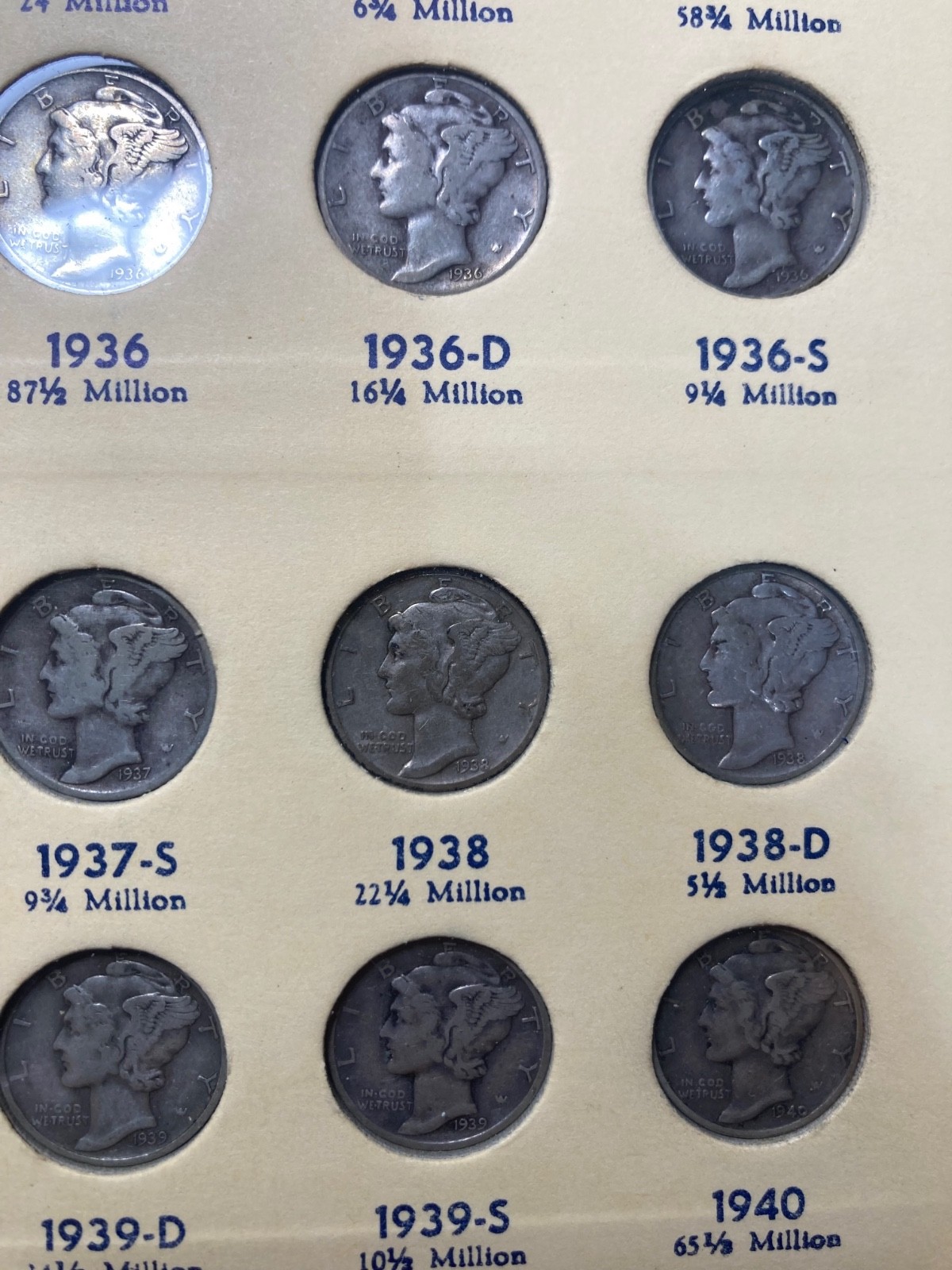 Mercury Dime Collection 1916-1945 Nearly Complete Set, 76 Coins