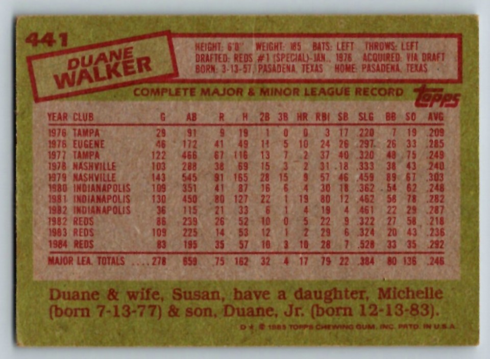 1985 TOPPS DUANE WALKER CINCINNATI REDS #441 | eBay