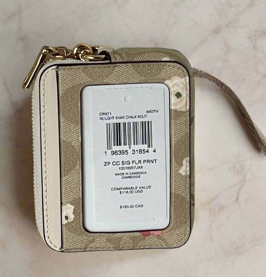 Coach Zip Card Case Pink Floral CR971 ID Wallet Beige Canvas Leather ...