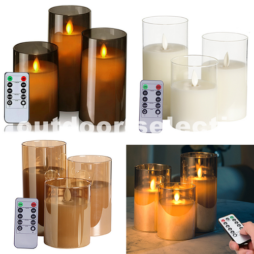 3 LED Candles Set With Remote Control Timer Flameless Flickering Glass ...