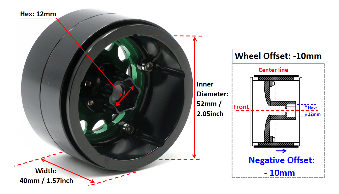 2x RC Negative Offset 2.2 Beadlock Wheels wide 40mm Fit 1/10 Crawler ...