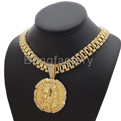 Hip Hop Iced Gold Tone Jesus Face & 18" Iced Rollie Link Choker Chain ...