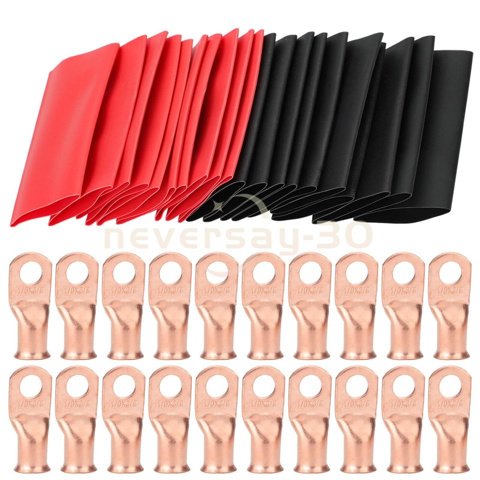 40 pcs 1/0 AWG Gauge Copper Lugs w/ BLACK & RED Heat Shrink Ring ...