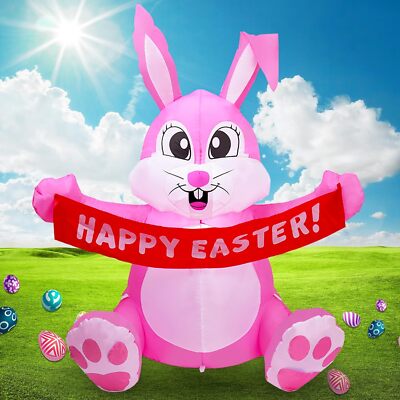 5’FT Easter Pink Bunny Inflatable Lighted Yard Decorations LED Blow up ...