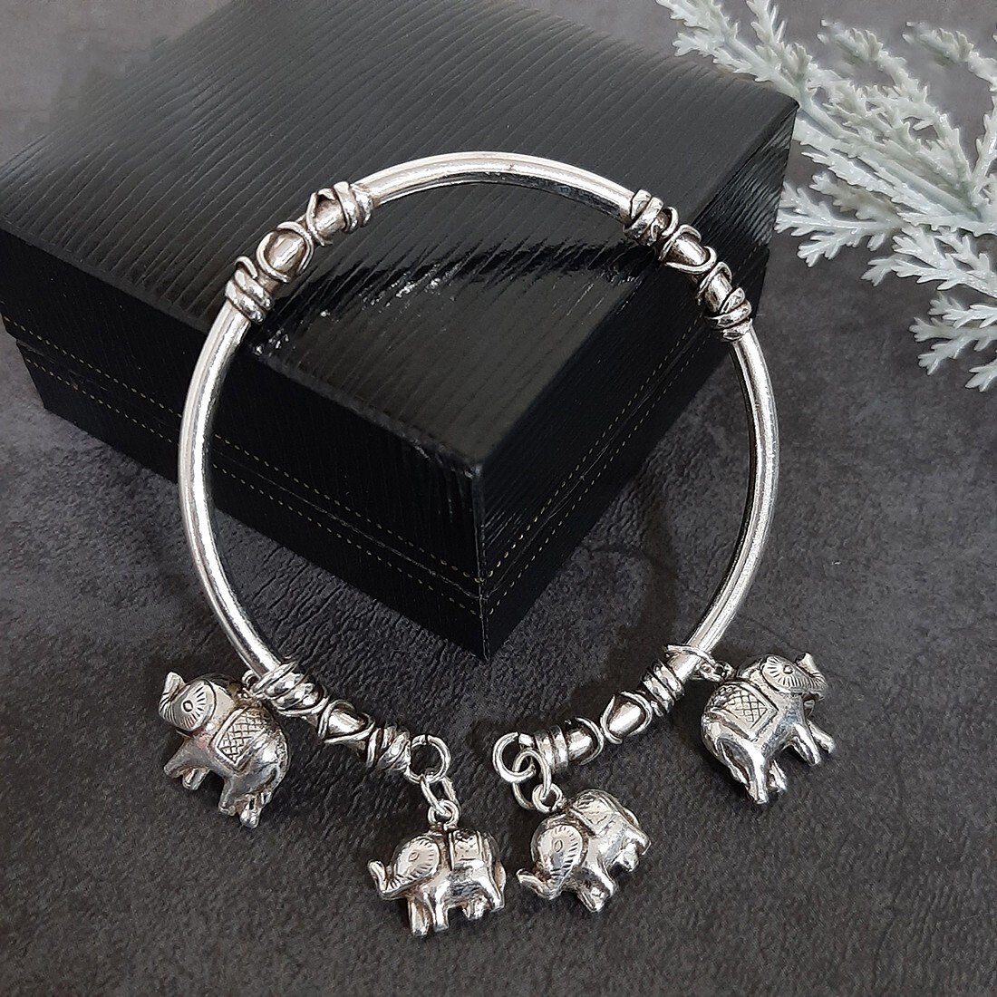 Sterling Silver Elephant Charm Torque Tube Bangle, Open Cuff Bracelet ...