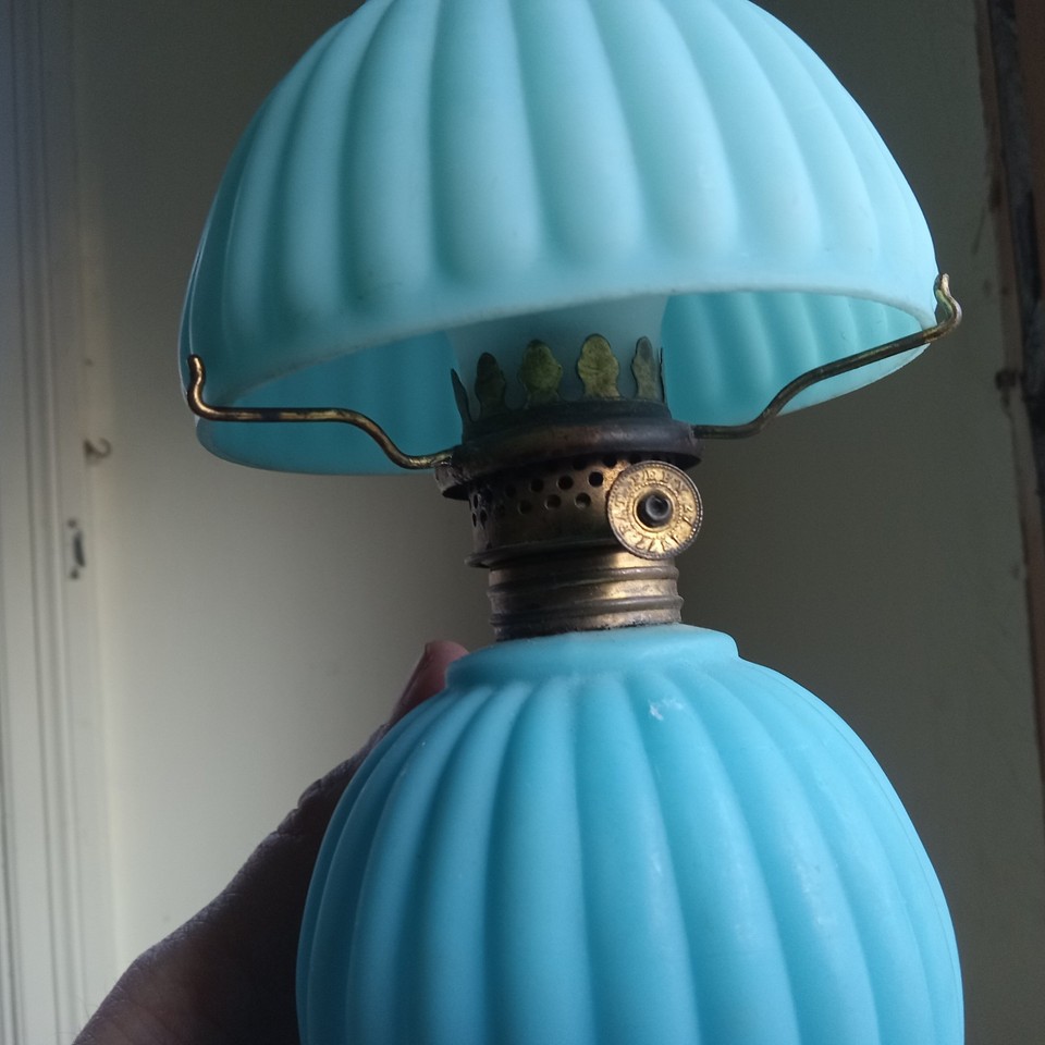 1890 RARE BLUE OPAQUE GLASS PEARL BABY McKEE MINIATURE OIL LAMP W ...
