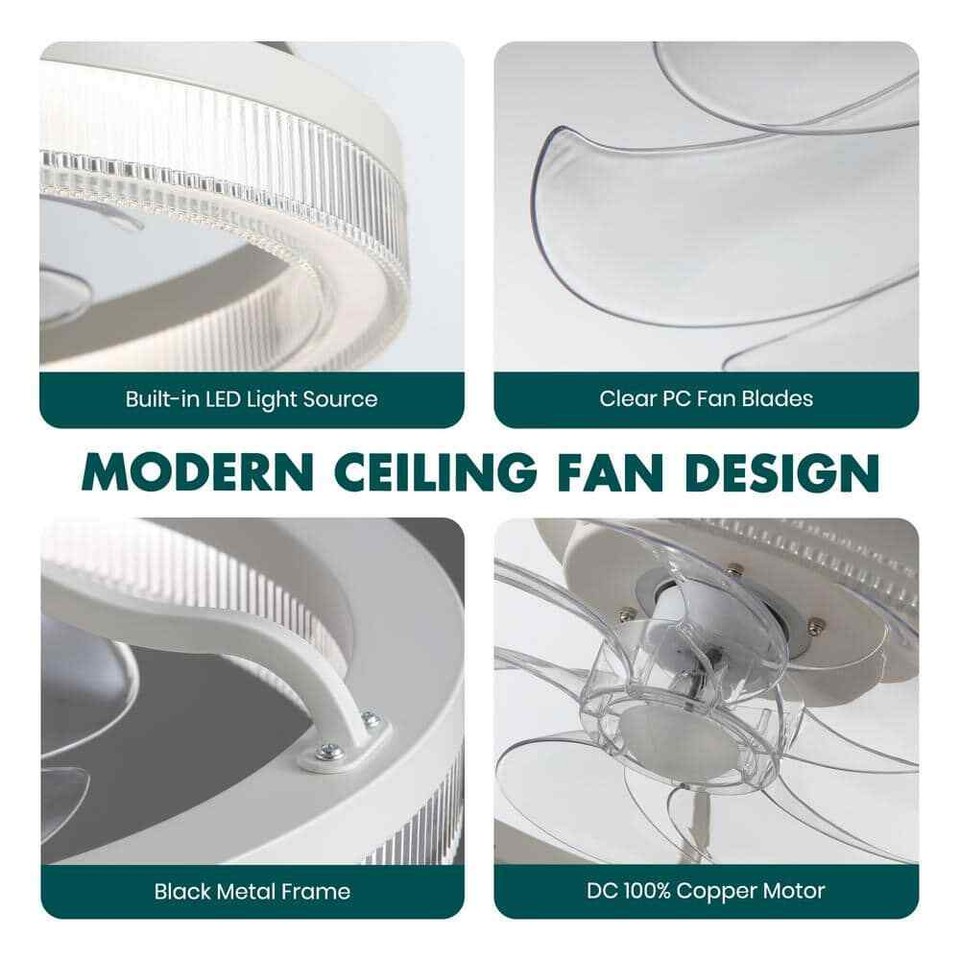 FANNEHONNE 20 in. LED Indoor White Flush Mount Ceiling Fan w/ Light and ...