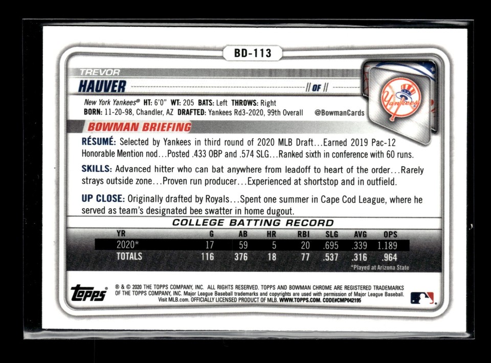 TREVOR HAUVER ⚾ 2020 Bowman Chrome Draft #BD-113 NY Yankees | eBay