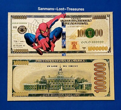 🔥 Marvel Comic Spiderman $1000000 Bill 24 Kt Gold Foil Plated Novelty ...