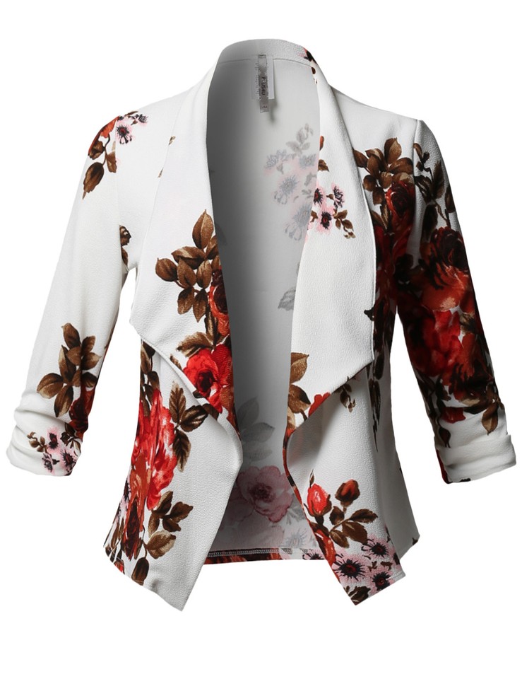 FashionOutfit Women's Solid/Print Stretch 3/4 Gathered Sleeve Open ...