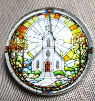 GLASS DOME PICTURE "STAINED GLASS " PRETTY LITTLE CHURCH IN COUNTRY ...