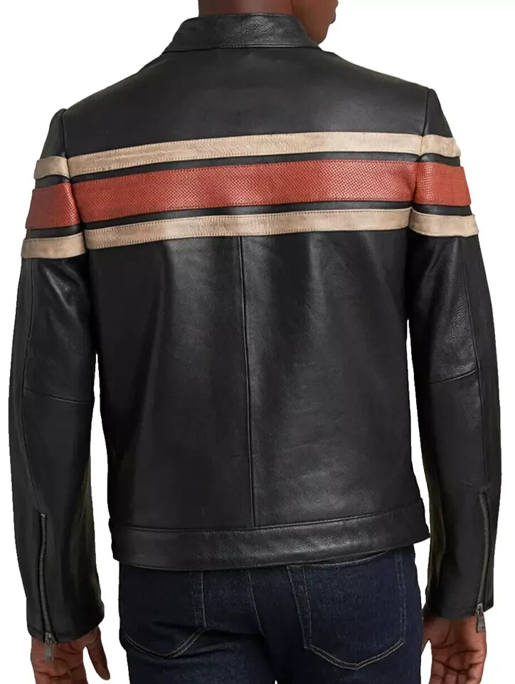 Men's Striped Motorcycle Leather Jacket| Real Soft Lambskin Leather ...