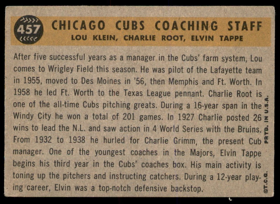 1960 Topps #457 Chicago Cubs Coaches (Charlie Root / Lou Klein / Elvin ...