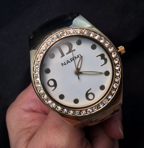 NARMI Ladies Wide Gold Tone Cuff Rhinestone Band Quartz Wrist Watch ...