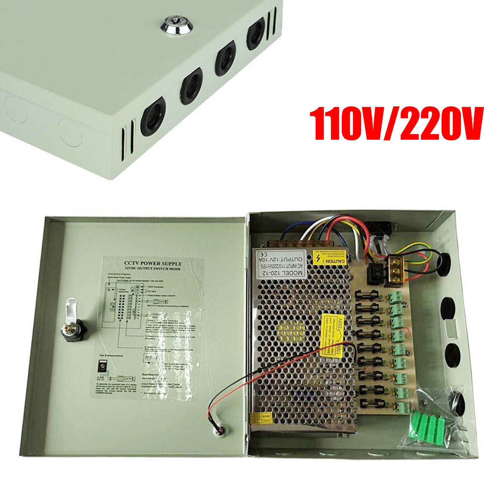 DC 12V 9 Channel Power Supply Box 10A Distribution CCTV Security Camera ...