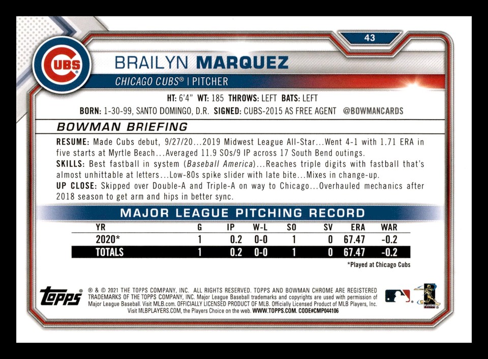 2021 Bowman Brailyn Marquez RC Rookie #43 Chicago Cubs Mint | eBay
