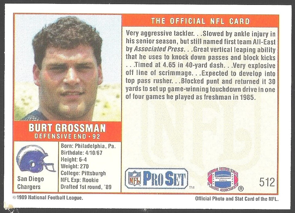 1989 NFL Pro Set Prospect Burt Grossman Rookie 512 San Diego Chargers ...