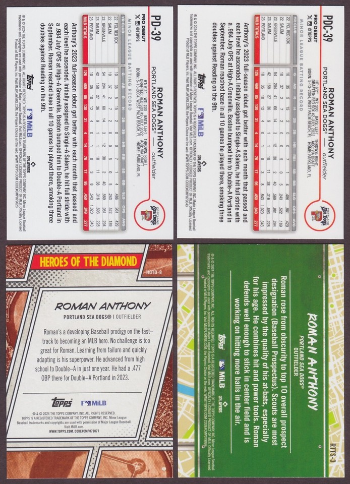 4) 2024 Topps Pro Debut Roman Anthony Sea Dogs RC Lot Chrome Refractor ...