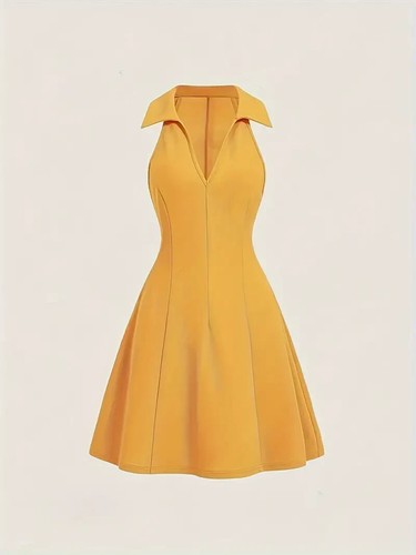 Women Collar V-Neck Elegant Polyester Solid Color Dress Yellow Size ...