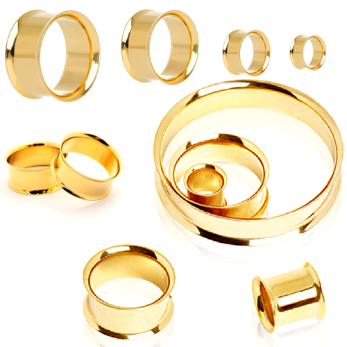 PAIR GOLD STEEL DOUBLE FLARED EAR LOBE TUNNELS PLUGS GAUGES 8G 6G 4G 2G ...