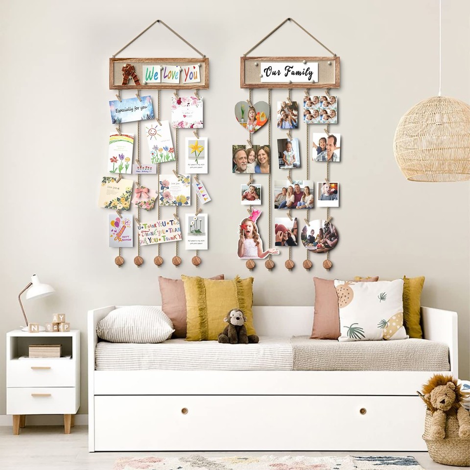 Hanging Photo Display Collage with Wood Bulletin Board 30 Clips 6 ...