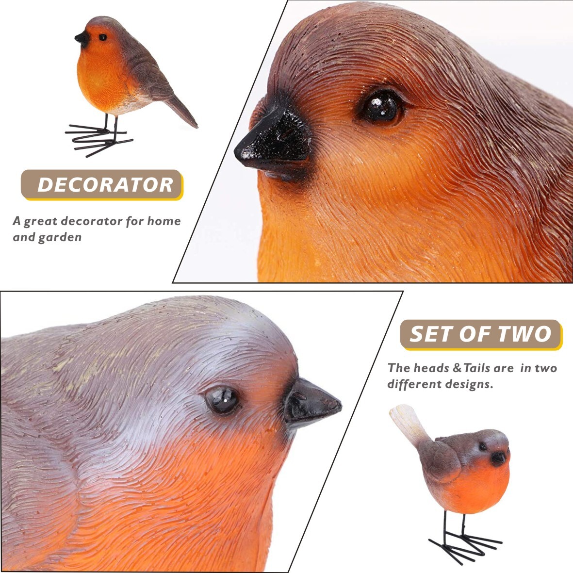 2pc Red Breast Robin Outdoor Garden Ornaments Bird Statues Resin Home ...