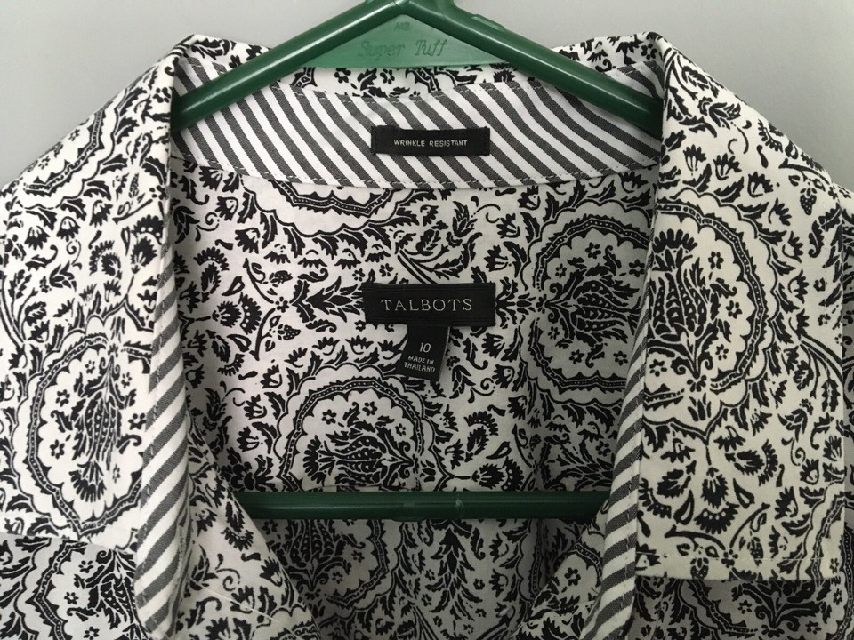 Talbots Womens 10 Button Up Shirt Cuffed Sleeves Black White Career ...