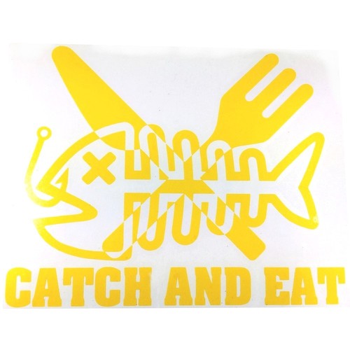 Fishing sticker CATCH AND EAT yellow size S width 15cm catch eat ...