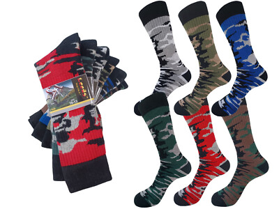 3 PAIR COTTON CAMO CREW ARMY HIKING SOCKS SIZE 10-13 TRUE TO SIZE FULL ...