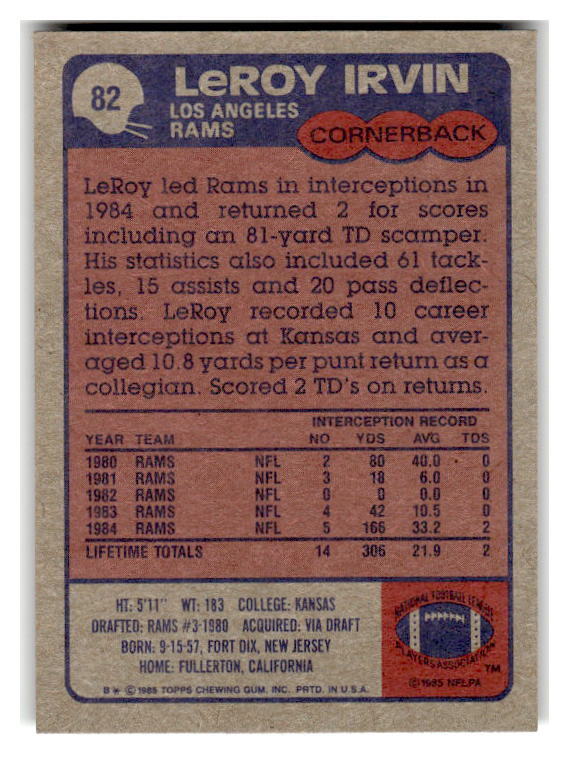 1985 Topps #82 LeRoy Irvin Los Angeles Rams Excellent | eBay