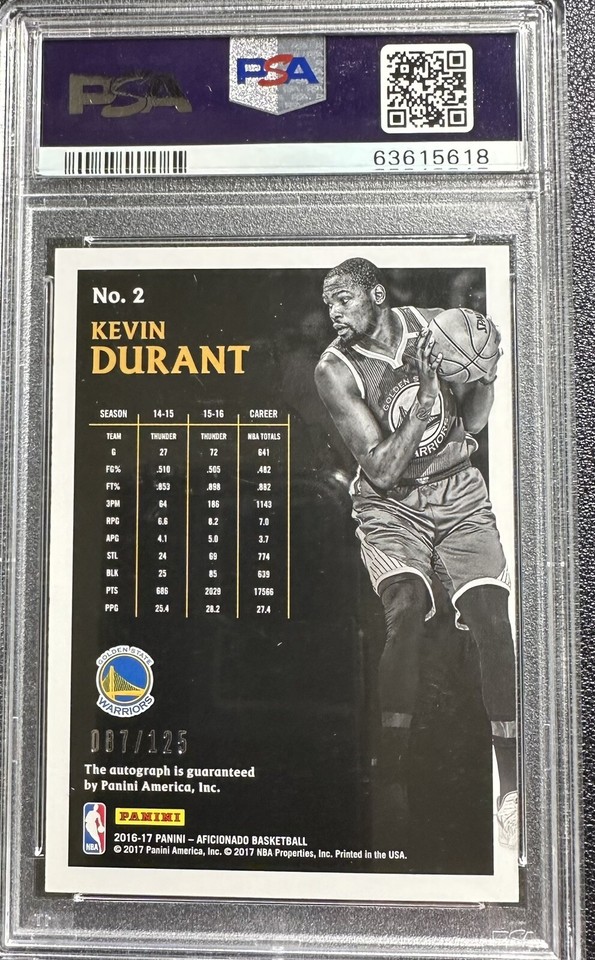 2016-2017 Panini Aficionado Kevin Durant Signatures On Card Auto PSA 10 ...