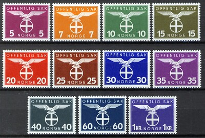Norway 1942-44, NK T48-58, Solkors set officials MNH, Mi 44-54, Sc#O22 ...